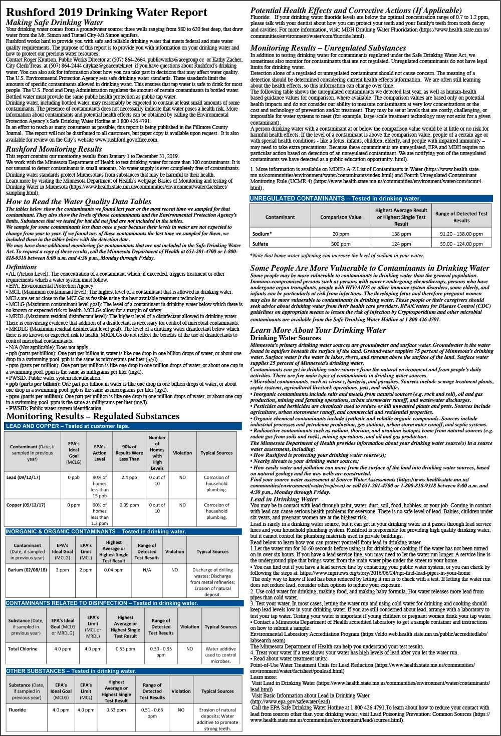 Rushford 2019 Drinking Water Report